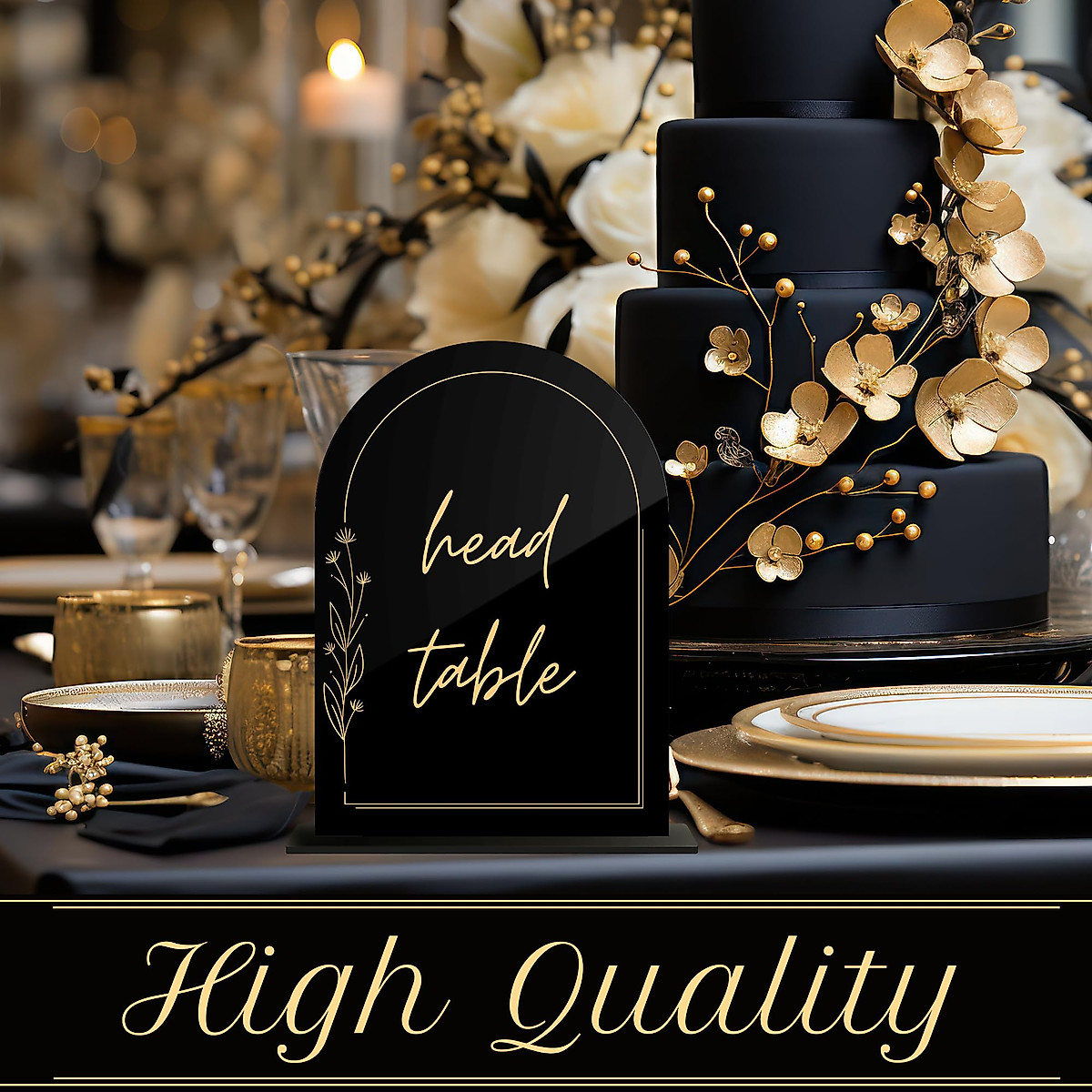 1-10 Black Arched Acrylic Wedding Table Numbers, Gold Print Acrylic Table Numbers for Wedding Reception with Head and Gift Table Number, Floral Gold Table Numbers, Gold Floral Design Table Numbers