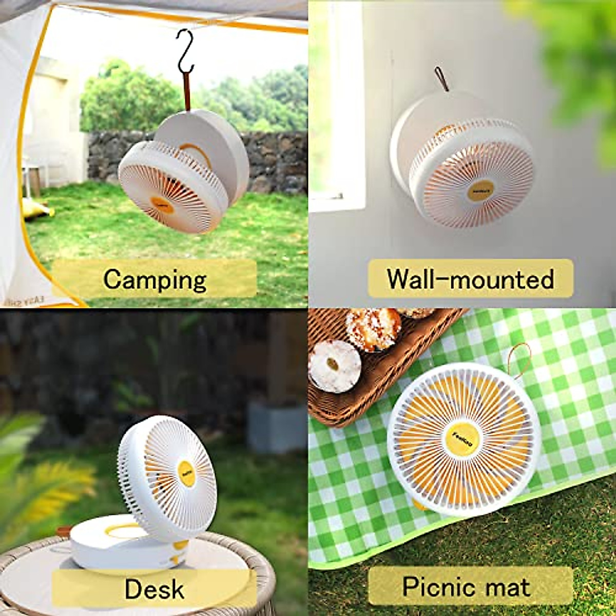 feekaa USB Fan, 8-Inch Oscillating Desk Fan, Small Wall Mounted Fan with Night Light, Rechargeable Battery Operated, Variable Speed, Quiet Fan for Outdoor/Travel/Camping/Office