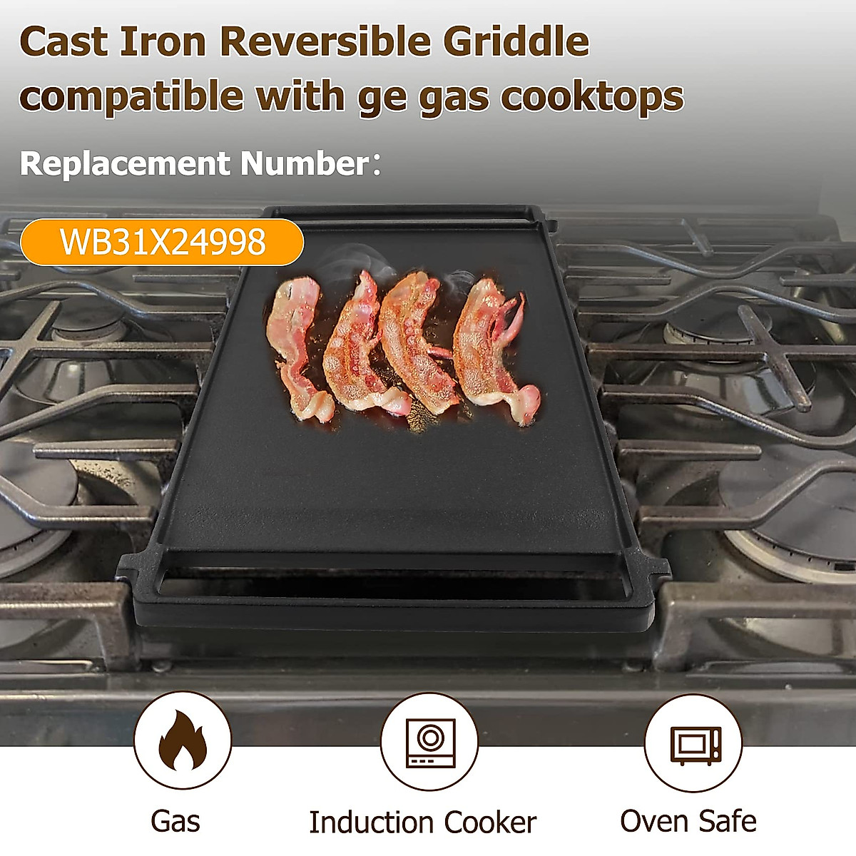 Upgraded WB31X24998 WB31X24738 Griddle Replacement Parts for ge Stove, Heavy Duty Cast Iron Reversible Griddle/Grill Combo Compatible With ge Stove Griddle（Not Universal）,One tray-1 Year Warranty