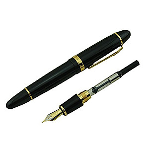 Jinhao 159 Fountain Pen Medium Black Lacquer Gold Trim Big Heavy with Pen Pouch & Refill Ink Converter Business Signature Collection Pen