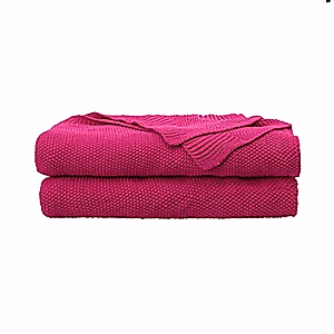 PiccoCasa 100% Cotton Knit Throw Blanket,Solid Lightweight Decorative Throws and Blankets,Soft Knitted Throw Blanket for Sofa Couch, Fuchsia 50" x 60"
