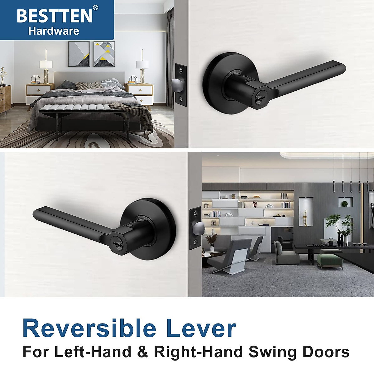 BESTTEN Heavy Duty Matte Black Entry Door Lever with Removable Latch Plate, All Metal Round Door Handle, Exterior Interior Entry Locks, Commercial and Residential, Vienna Series
