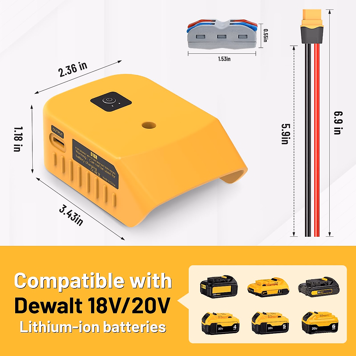 Azocek Multi-Functional USB Charger Adapter & 20V Battery Adapter for Dewalt 20V Battery, with 2 USB Ports & 1 Type-C Fast Charging Ports, with DC XT60 Port for DIY(1-Pack)