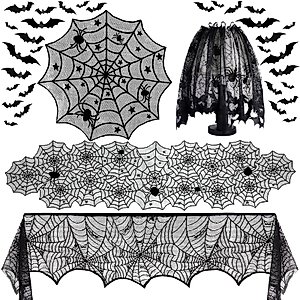 5Pack Halloween Decorations Indoor Halloween Decor Black Lace Table Runner Fireplace Mantel Scarf Round Tablecloth Cobweb Lampshade with 32 Pcs 3D Bat Wall Stickers