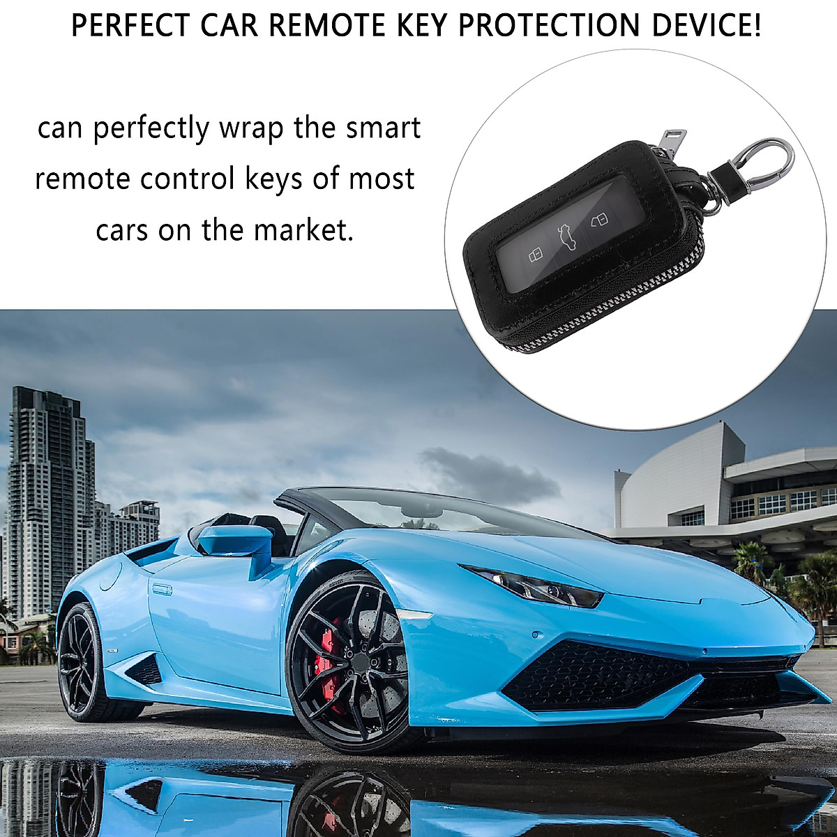Car Key Fob Cover,Universal Key Fob Case with Keychain & Carabiner,Leather Car Smart Key Fob Holder Fits Remote Key Fob (Black)