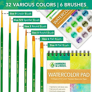 Norberg & Linden Watercolor Paint Set - 36 Premium Paints - 12 Page Pad - 6 Brushes - Painting Supplies with Palette, Watercolors, Art Pad Paper and Artist Brushes
