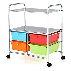 COSTWAY Rolling Storage Cart w/ 4 Drawers 2 Shelves, Home Office Utility Organizer Cart with Wheels, Mobile Storage Drawer Cart, Rolling Metal Storage Cart for Home Office Kitchen School Beauty Salon