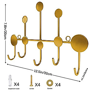 Dianhengmi Coat Rack Wall Mounted, 5 Wall Hooks Heavy Duty Gold Metal Hanger, Coat Hooks for Coat Hat Towel Purse Robes Mudroom Bathroom Entryway (2 Packs)
