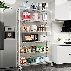 NSF Heavy Duty 6-Tier Metal Wire Shelving Unit - 6000lbs Capacity, Adjustable, with 5in Wheels/Leveling Feet and Shelf Liners - Ideal for Garage, Kitchen, and More - Chrome, 20"D x 48"L x 84.5"H