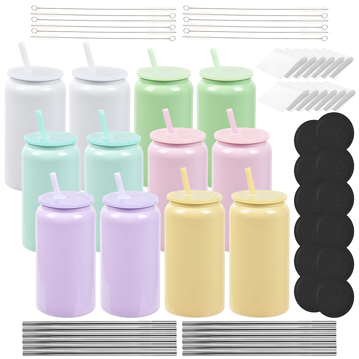 JYLJINGYULI 12 Pack Glass Cups with Lids and Straws, 16oz Stainless Steels Sublimation Tumbler Cups, Beer Cups, Iced Coffee Cups, Smoothie Cup for Whiskey, Soda, Tea, Water cups.