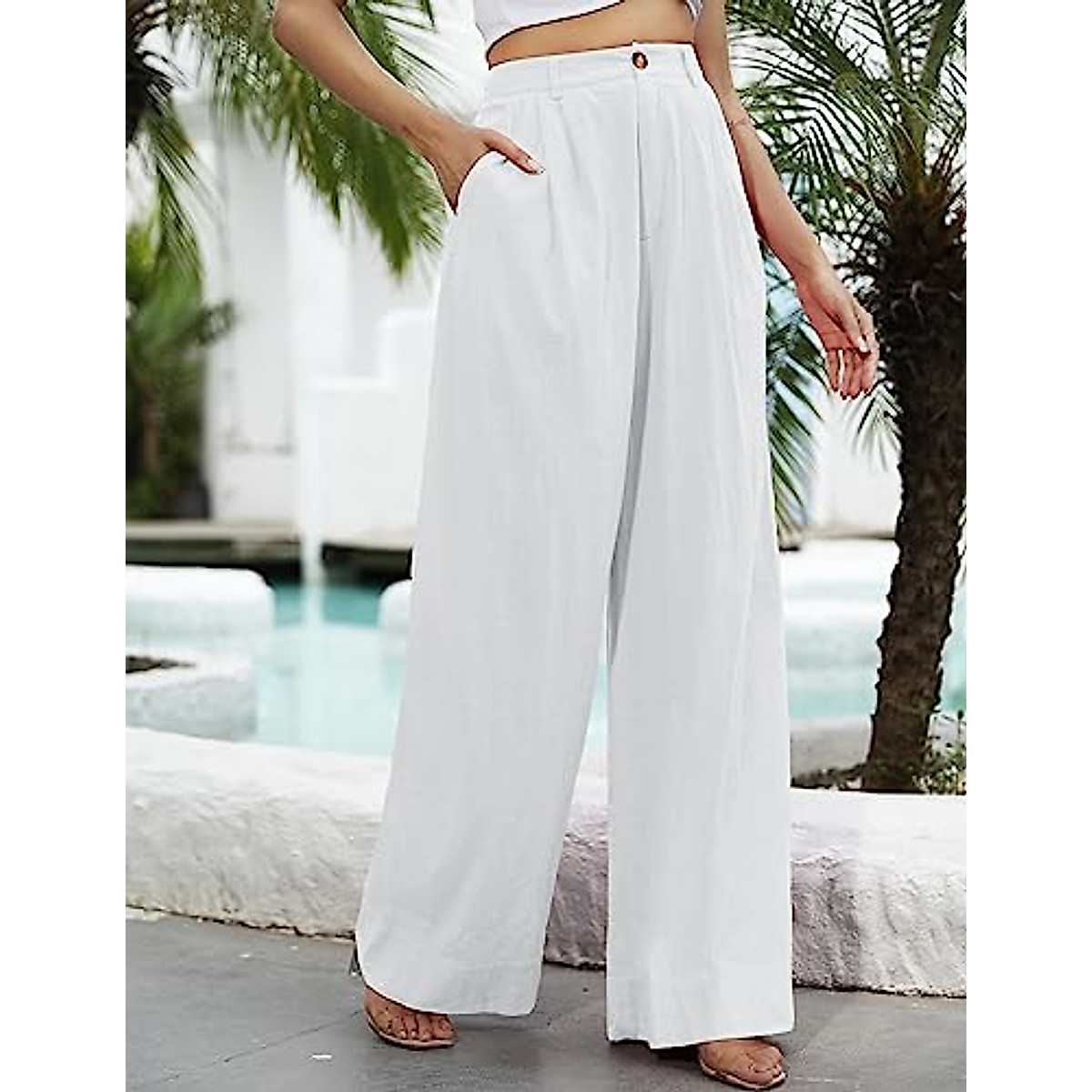 Kocowoo Linen Wide Leg Dress Pants for Women High Waisted Palazzo Pants Casual Lounge Beach Trousers with Pocket. White