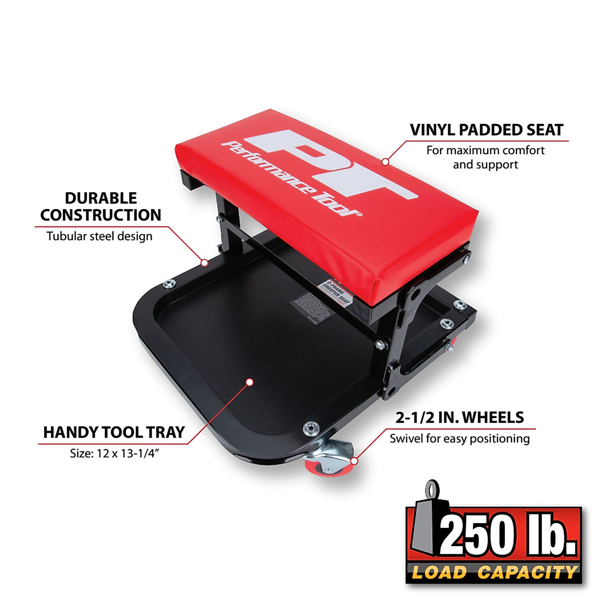Performance Tool W85021 Folding C-Frame Creeper Rolling Work Seat with Tool Tray for Mechanic Garages and Workshops, Black/Red, 12.5-inch Height