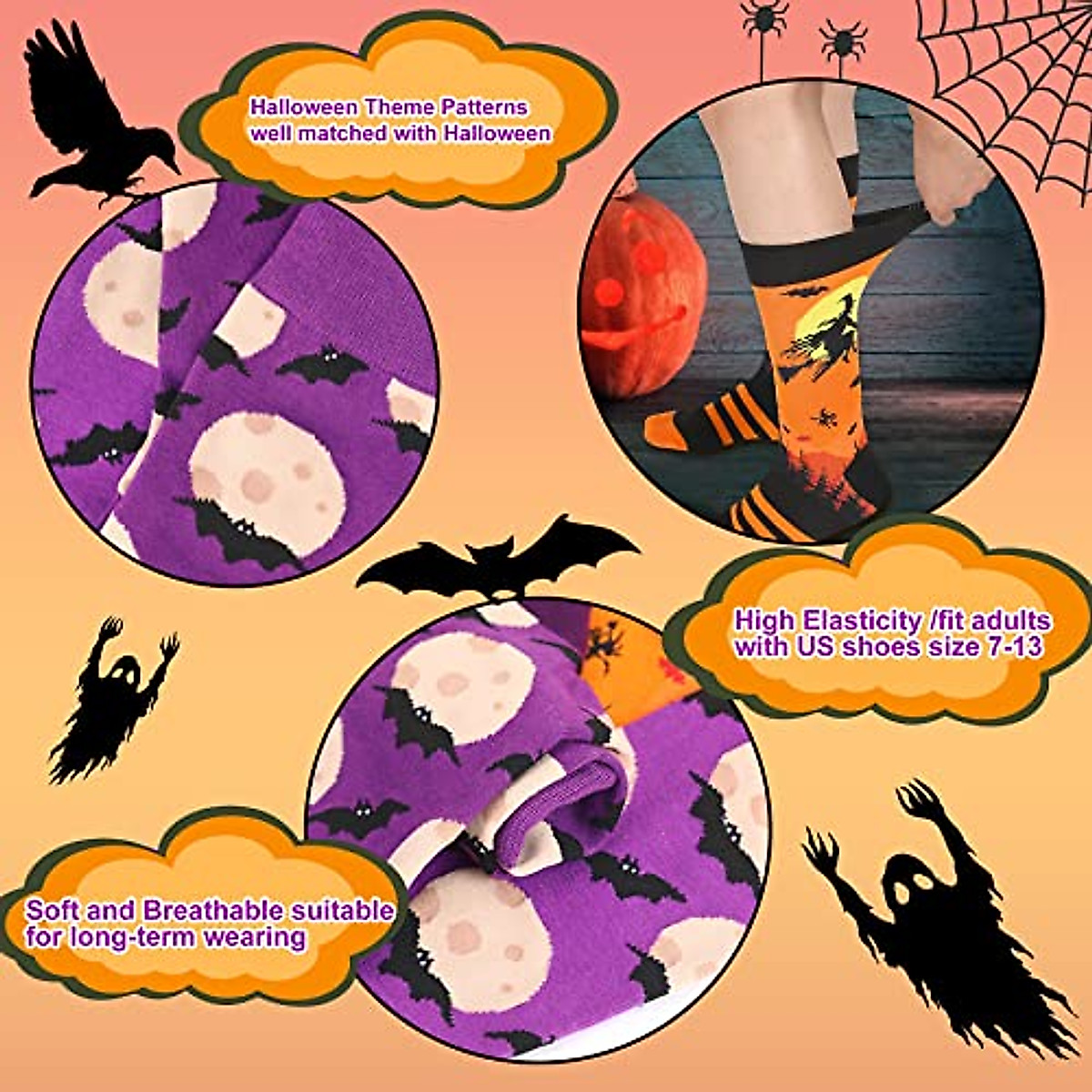 BOARDFEB 6 Pairs Halloween Socks for Men Women Girls Funny Halloween Novelty Crew Fuzzy Socks Pumpkin Bat Ghost Pattern Casual Cotton Sock Halloween Gifts