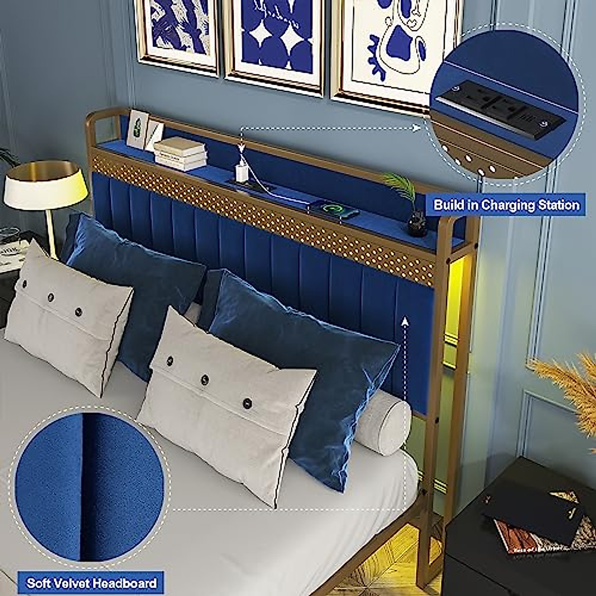 Saudism LED Bed Frame with Charging Station, Queen Size Bed Frame with Headboard Storage, Sturdy and Durable, No Box Spring Needed, Gold+Navy Blue