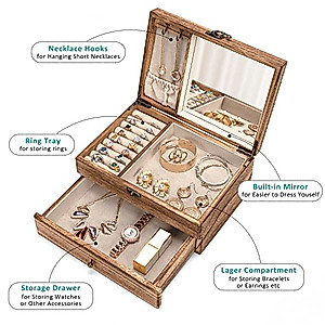 Emfogo Jewelry Box for Girls Women, 2 Layer Rustic Wooden Jewelry Boxes & Organizers with Mirror, Wood Jewelry Organizer Box Display for Rings Necklaces Earrings Bracelets(Torched Wood)