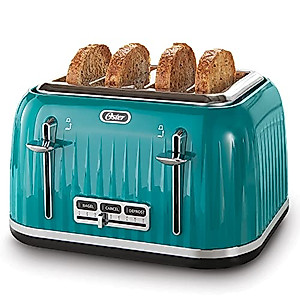 Oster 4-Slice Extra Wide Slot Pop Up Toaster with 9 Shade Settings, Removable Crumb Tray, and Quick Check Lever, Teal w/ Chrome Accents