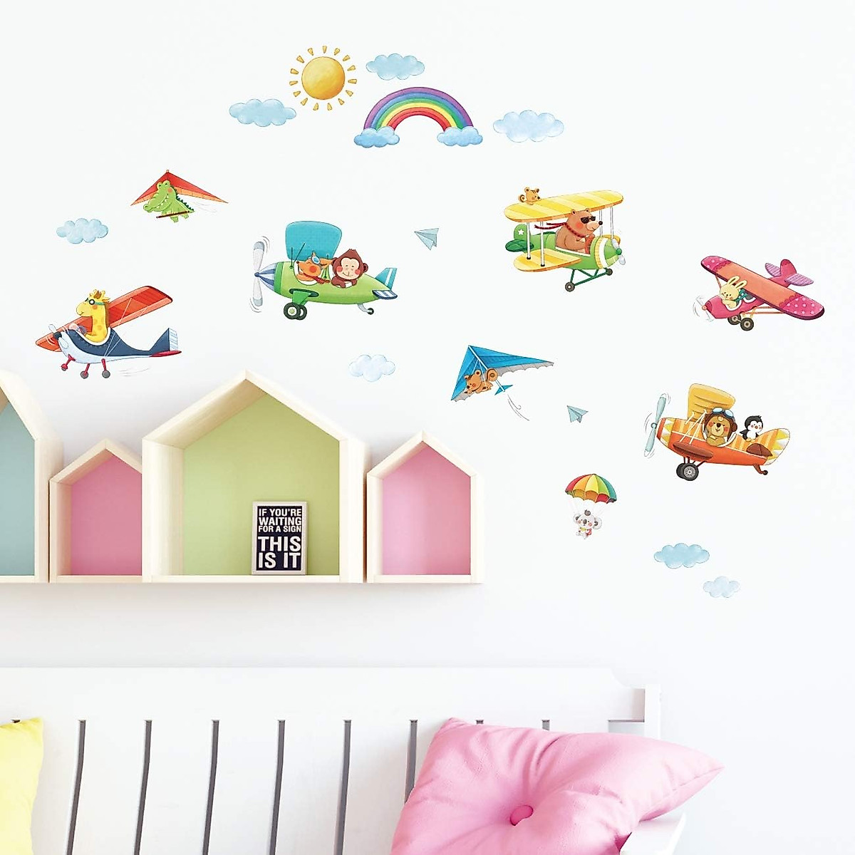 DECOWALL DS-8026 Animal Airplanes Kids Wall Stickers Wall Decals Peel and Stick Removable Wall Stickers for Kids Nursery Bedroom Living Room (Small) d?cor