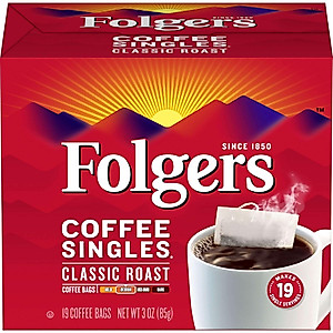 Folgers Coffee Singles Classic Roast Medium Roast Coffee, 19 Count (Pack of 12)