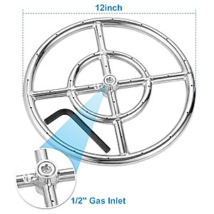 12" Fire Pit Ring Burner Kit, LP Propane Gas Fire Pit Stainless Steel Burner Ring Installation Kit, for Fire Pit Indoor Outdoor Camping Fireplaces with 1/2 Key Valve Air Mixer Valve Regulator Hose
