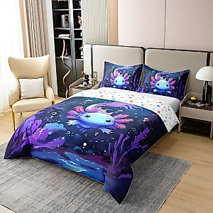 jejeloiu Kawaii Axolotl Bedding Set Full Size Girls Cartoon Salamander Duvet Cover Set 100% Cotton for Kids Teens Dark Blue Cute Ocean Sealife Cotton Duvet Cover Gift for Girls Women Quilt Set