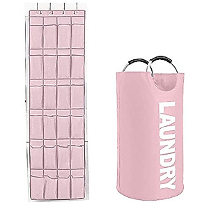 Gorilla Grip Over The Door Mesh Pocket Shoe Organizer and Laundry Basket, 24 Pocket Shoe Organizer and 115L Laundry Basket both in Pink Color, 2 item Bundle