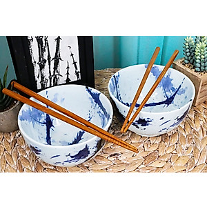 Ebros Gift Made In Japan Blue Splash Paint Abstract Art Design Porcelain Bowls With Bamboo Chopsticks Set Of 2 For Salad Ramen Pho Soup Cereal Home Kitchen Decorative Japanese Artistic Bowl