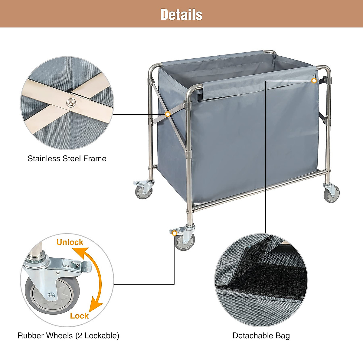 ALBOMI Collapsible Commercial Laundry Cart with Wheels, Large Folding Stainless Steel Laundry Hamper, Industrial Rolling Waterproof Laundry Basket for Hotel Hospital School Home, 440LB Load, Gray