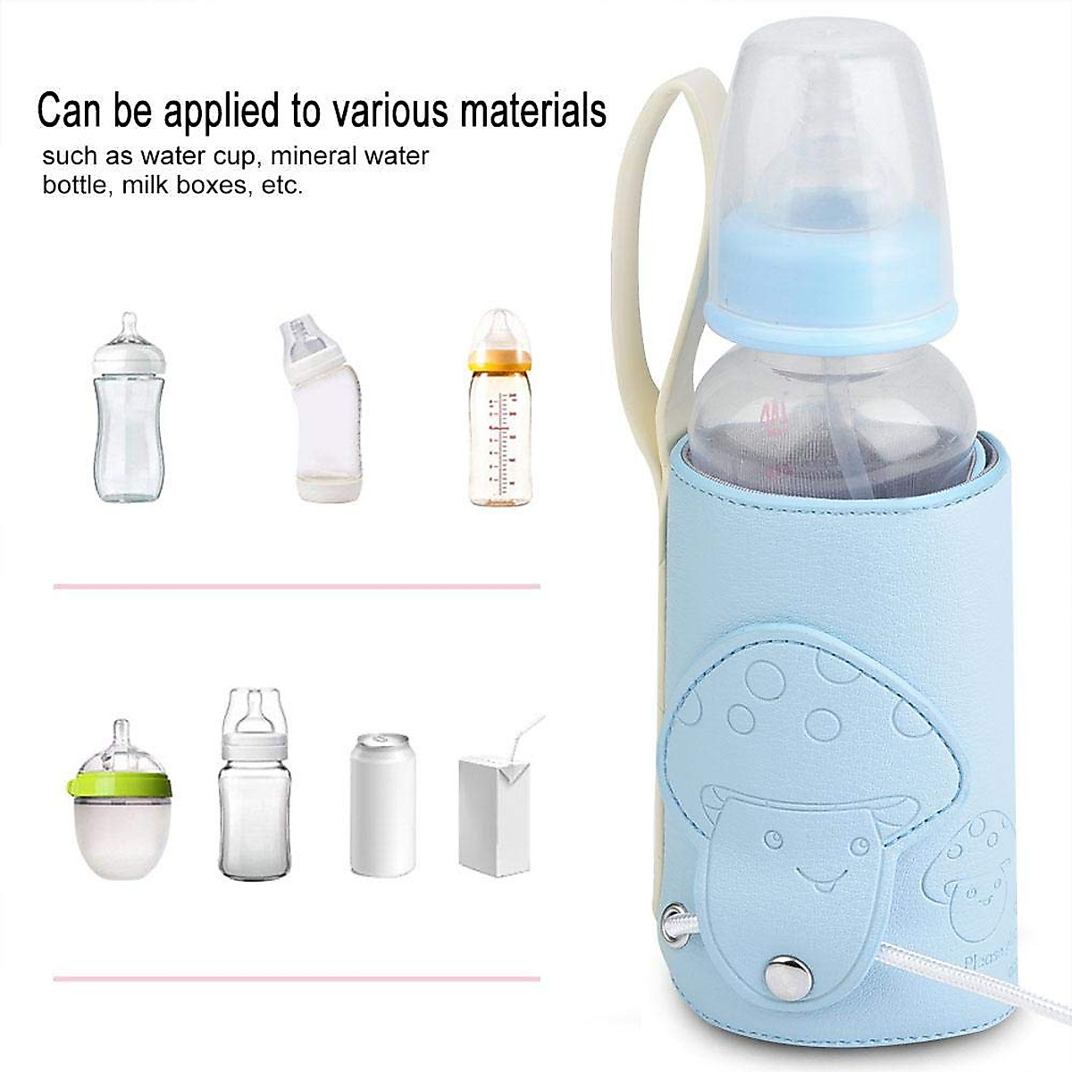 Qinlorgo Portable Bottle Warmer, 10W USB Microfiber PU Baby Bottle Warmer Travel Bottle Warmer with Indicator Light for Water Cups, Mineral Water Bottles, Milk Boxes(Blue)