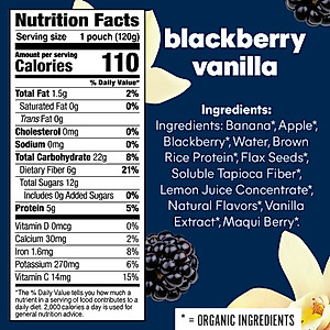 Noka Superfood Fruit Smoothie Pouches, Blackberry Vanilla, Healthy Snacks with Flax Seed, Plant Protein and Prebiotic Fiber, Vegan and Gluten Free Snacks, Organic Squeeze Pouch, 4.22 oz, 12 Count
