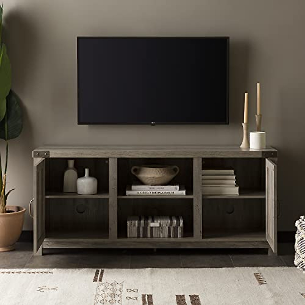 Walker Edison Georgetown Modern Farmhouse Double Barn Door TV Stand for TVs up to 65 Inches, 58 Inch, Grey