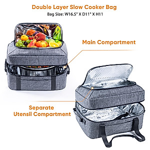BAGSPRITE Double-Layer Slow Cooker Carrying Bag for 6-8 Quart CrockPot and Hamilton Beach Slow Cooker, Travel Bag with Lid Fastener for Crock-pot, Portable Carrier Case Slow Cooker Bag