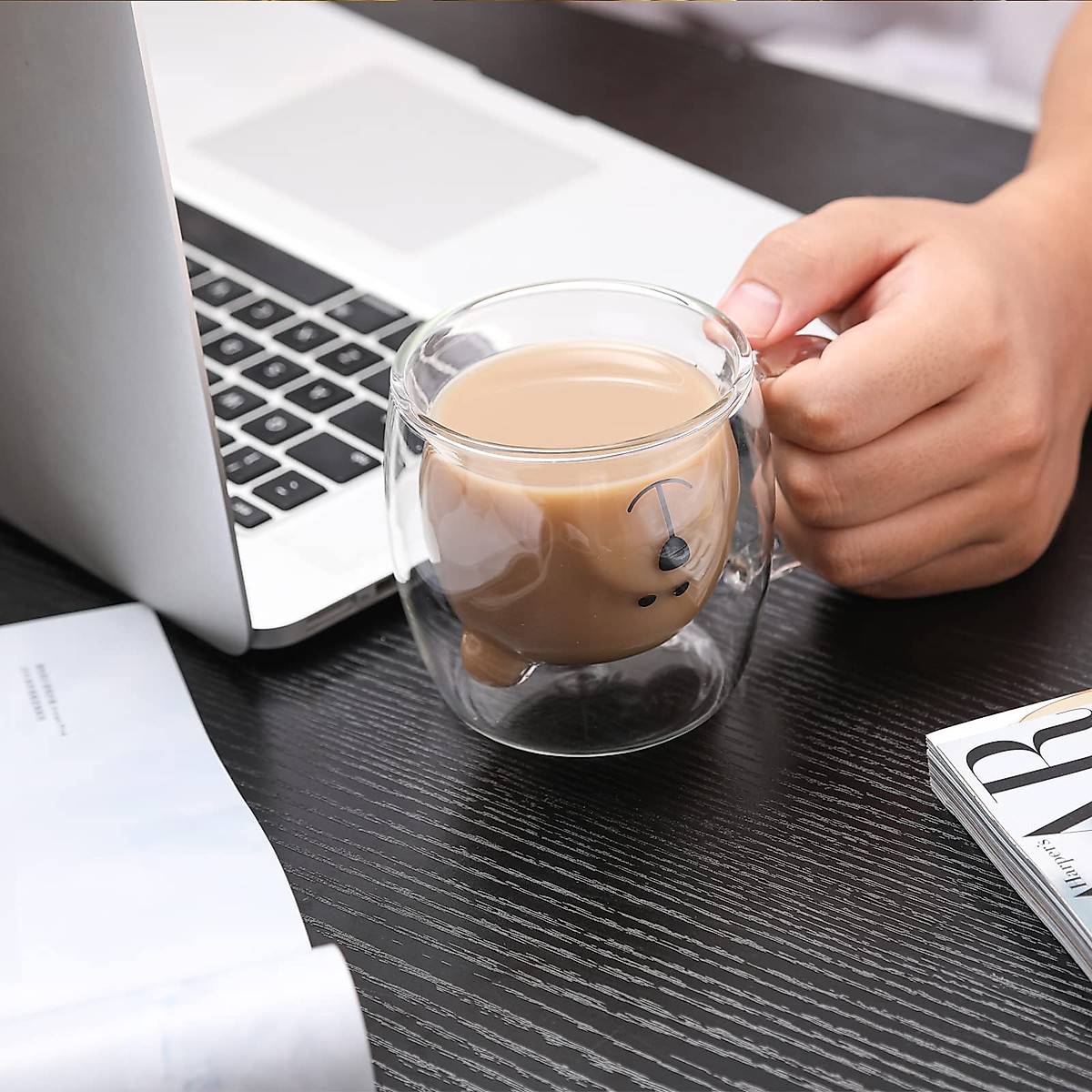 SHENDONG Cute Bear Mugs Cute Cups Bear Tea Coffee Cup with Handle 8.5oz Milk Cup Double Wall Insulated Glass Espresso Cups Glass Gift for Personal Birthday Valentine's Day and Office