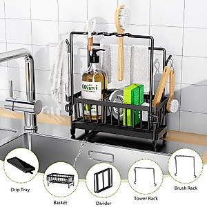 PKBD Kitchen Sink Caddy, Rustproof 304 Stainless Steel Sponge Holder for Kitchen Sink with Removable Drain Tray, Towel Holder and Brush Drainer Rack, Kitchen Organiser for Sink Tidy, Black