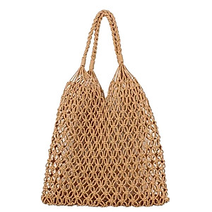 Hixixi Cotton Rope Totes Travel Beach Fishing Net Handbag Shopping Woven Shoulder Bag for Women Girls (Khaki)
