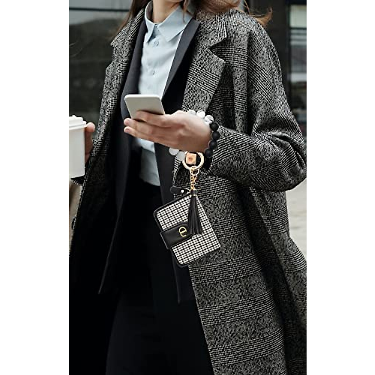 SNUG STAR Multi-Purpose Wallet High Capacity Card Holder Zipper Coin Purse with Wristlet Bracelet Keychain Silicone Beaded Bangle (Silicone Bracelet(16 Cards)-Woven Small Plaid Black)