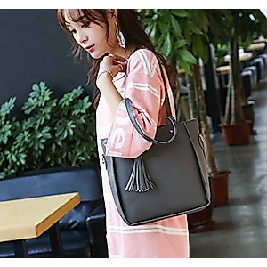 Anfushi Women Four Set Handbag Shoulder Bags, Handbag Shoulder Bag+Crossbody Bag+Wallet+ Card Purse Tote, PU Leather Multi Pocket Black