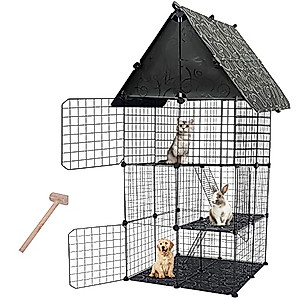PINVNBY Metal Mesh Small Animal Cage 3-Tier Rabbit Wire Pen Fence with Ramps Pet House with Doors Cats Playpen for Kitty Puppy Bunny for Indoor Use (Black)