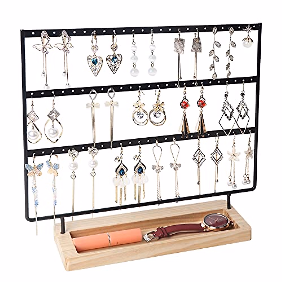 sovia Earring Organizer 3-Tier 75 Holes Jewelry Organizer Display Stand,Metal Earring Holder with Wood Basic stand,Necklace holder Storage Tray for Ring,Earrings,Ear Stud,Bracelets(Black)