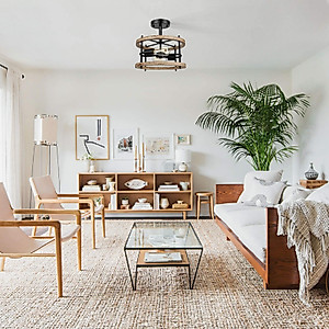 Lakumu 2-Light Retro Semi Flush Mount Ceiling Light Fixture, Rustic Vintage Wood Ceiling Light Black Metal, Industrial Farmhouse Ceiling Lamp for Hallway Entryway Bedroom Balcony Farmhouse Dining Room