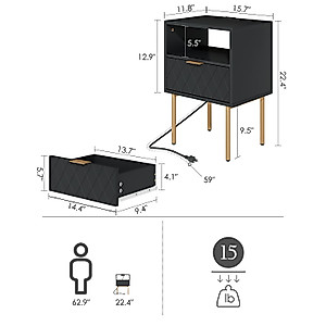 Aobafuir Nightstand with Charging Station, Drawer Dresser for Bedroom, Small Side Table with Drawer, Night Stand, End Table with Gold Frame for Bedroom, Living Room, Diamond Black