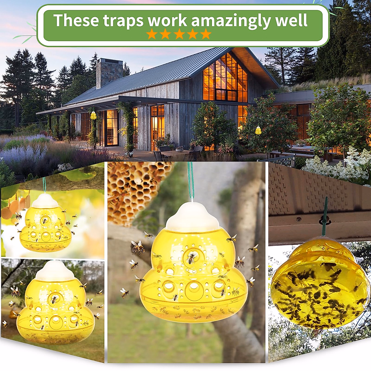 Wasp Trap for Outdoors, Effective Yellow Jacket and Hornet Catcher, Non-Toxic Reusable Hanging Bee Trap, Durable Outdoor Insect Killer - Yellow, 2 Pack