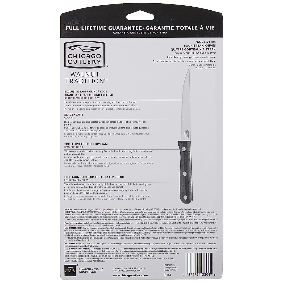 Chicago Cutlery B144 4pc Walnut Tradition Steak Knife Set