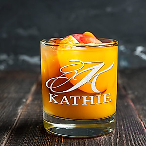 Personalized Whiskey Glass for Men Customized Engraved Script Monogram Initial and Name 10.25 oz Old Fashioned Rocks Cocktail Bourbon Glass Custom Gift