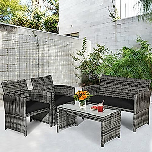 WYKDD 4PCS Patio Rattan Furniture Set Conversation Glass Table Top Sofa Cushioned Loveseat Single Chairs