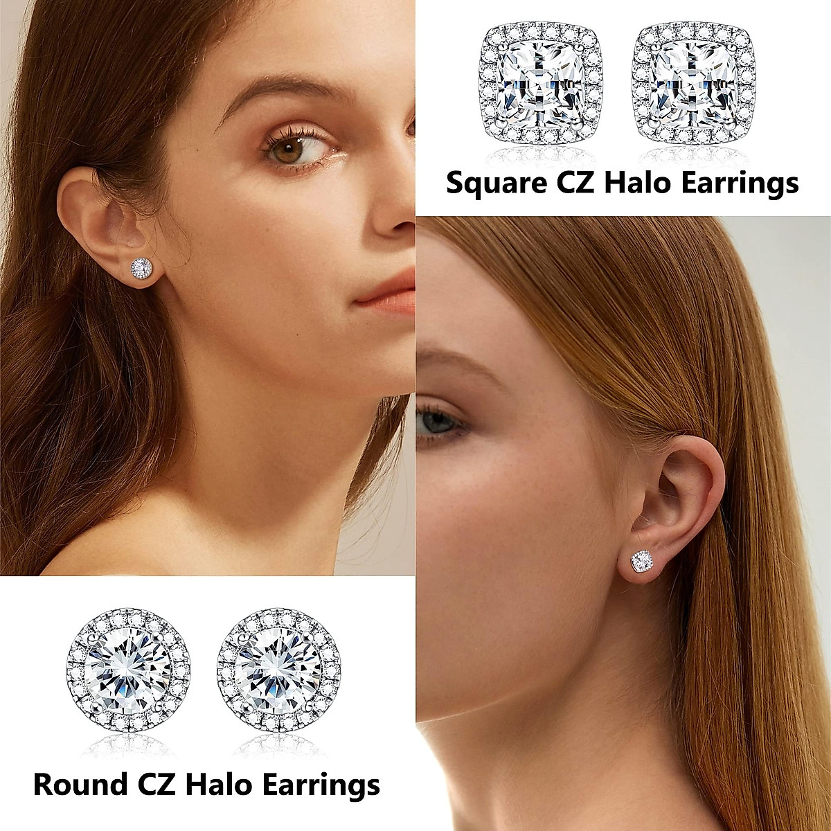 ZELORES 925 Sterling Silver Halo CZ Flat Back Round Square Large Screwback Princess Cut Cubic Zirconia Stud Earrings Set for Women Men (Style1)
