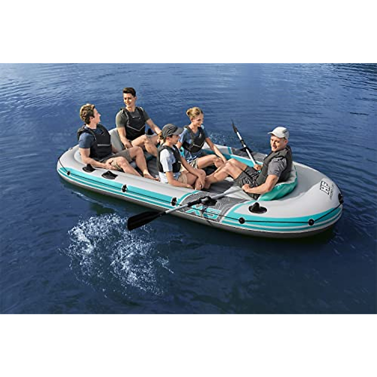 Bestway Hydro-Force Adventure Elite X5 Inflatable 5 Person Water Raft Outdoor Floating Boat Set | Includes Inflatable Boat, Aluminum Oars, Hand-Pump, Carry Bag and Gear Pouch