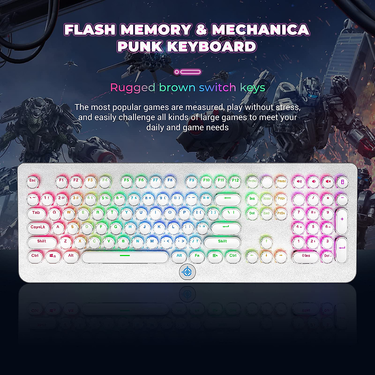 STOGA Retro Mechanical Keyboard, Typewriter Keyboard, RGB Gaming Keyboard with RGB Backlit, Wired White Keyboard with Round Keycaps and Multimedia Keys for Gaming/Office(108 Keys, Brown Switch)