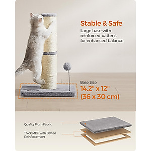 Feandrea Cat Scratching Post, 20.8-Inch Tall Cat Scratcher for Kittens, Small and Medium Cats, Sisal Scratch Pole, Spring Pompom with Built-in Bell, Dove Gray UPCA023G01