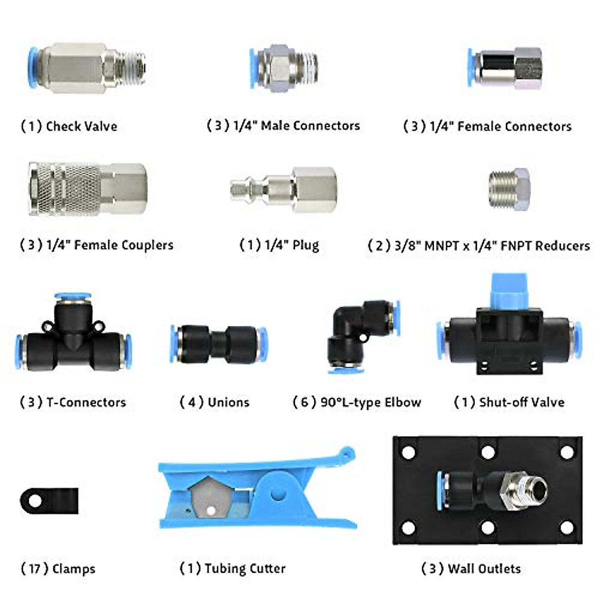 WYNNsky Shop Air Line Kit, 3/8 Inch (9.5MM) OD × 60 Feet Nylon Compressed Air Pipe, 200PSI, Cutter, Tees, Mounting clips, Connectors, 49PCS Garage Air Compressor Accessories Master Kit