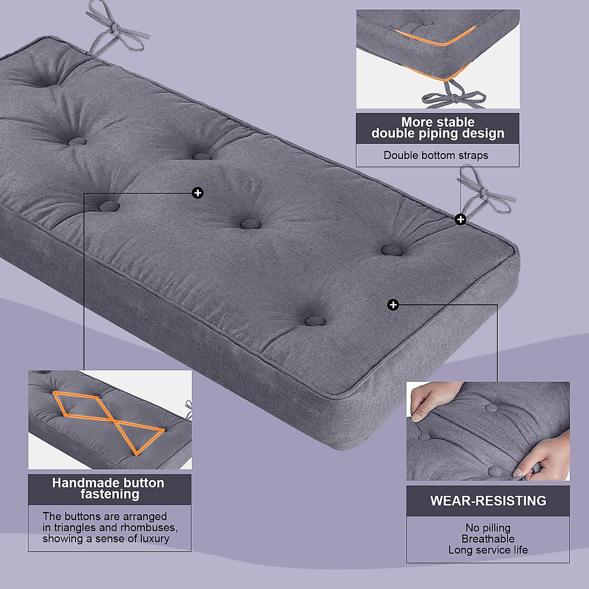 Millsilo Bench Cushion, Bench Cushions for Indoor/Outdoor Furniture, Window Seat Cushions, Garden Patio Large Pads with Button Reinforcement, for Shoe Bench Dining Porch Bench 36x14x4 inch,Gray